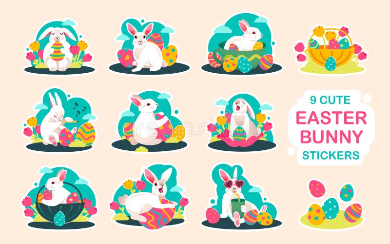 Stickers with Easter Bunnies, Spring Flowers and Colored Eggs. Easter ...