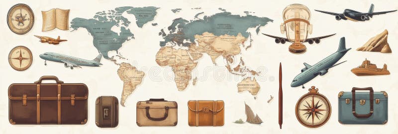 Stickers Featuring a Vintage World Map, Travel Themed Items, and ...