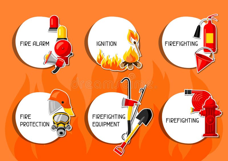 Stickers with Firefighting Items. Fire Protection Equipment Stock ...