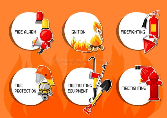 Stickers with Firefighting Items. Fire Protection Equipment Stock ...