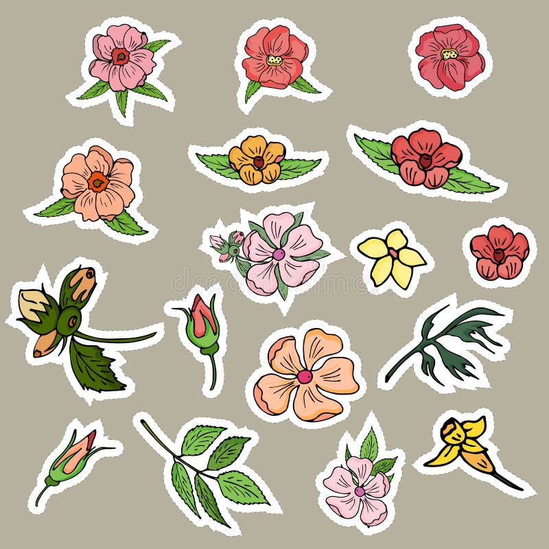 Stickers Flowers, Buds and Leaves of Individual Elements. Vector. Stock ...