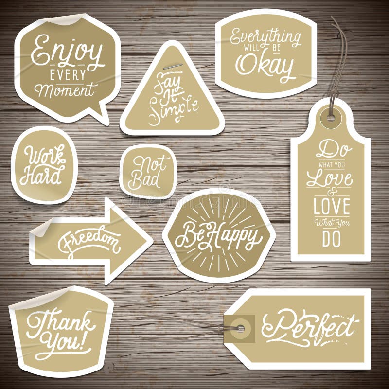 Stickers on Rustic Wood Background Stock Vector - Illustration of ...