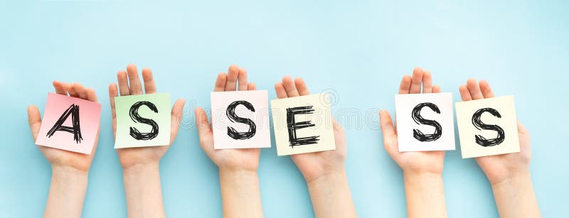 Stickers with the Text ASSESS on the Blue Background and Hands Stock ...