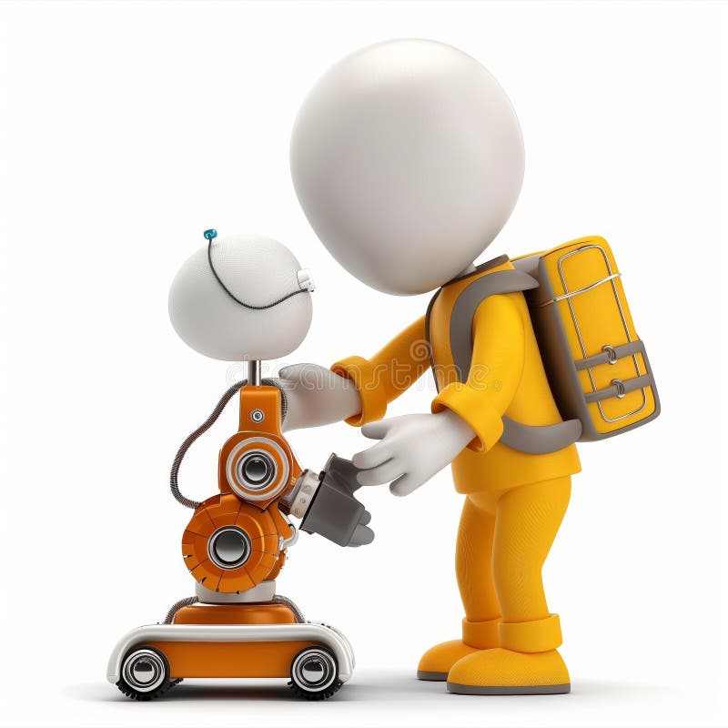 Stickman Working with a Robot on White Background Stock Illustration ...