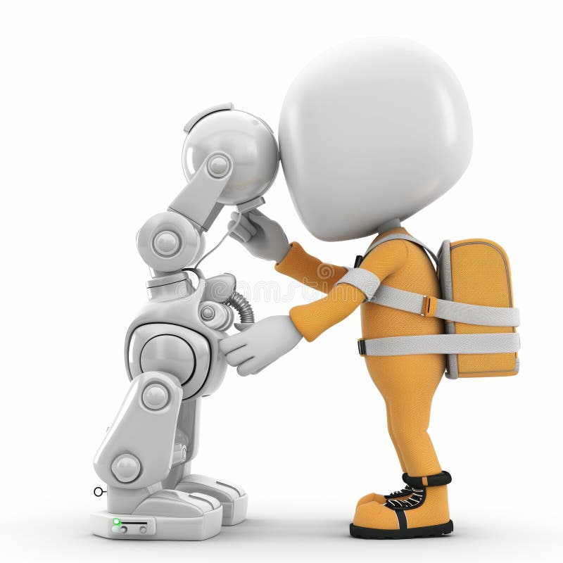 Stickman Working with a Robot on White Background Stock Illustration ...