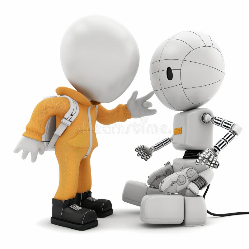 Stickman Working with a Robot on White Background Stock Illustration ...