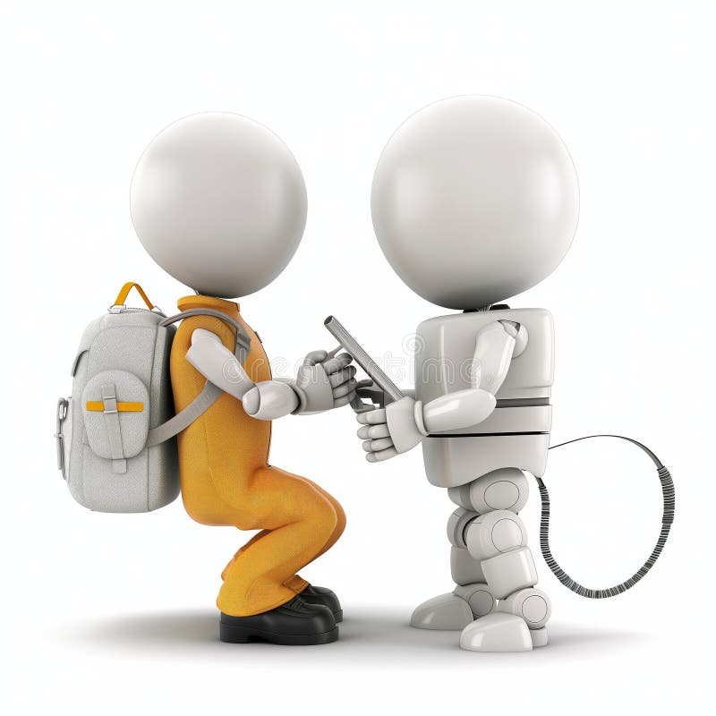 Stickman Working with a Robot on White Background Stock Image - Image ...