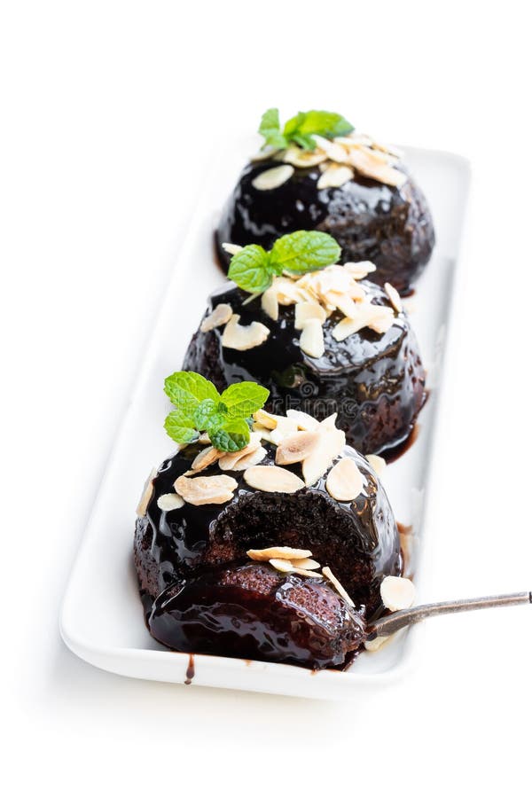 Sticky Chocolate Puddings Isolated on White Stock Photo - Image of mint ...