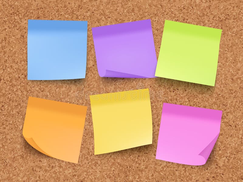 Sticky Empty Notes. Corkwood Board on Wall with Memo Colored Papers ...