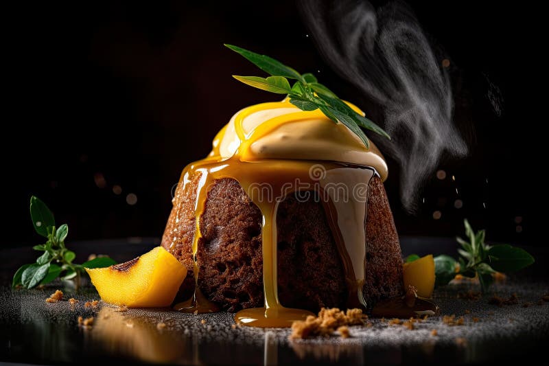 Sticky Ginger Pudding, Marinated Pineapple, Mango Cream and Ginger Beer Syrup. Generative AI ...