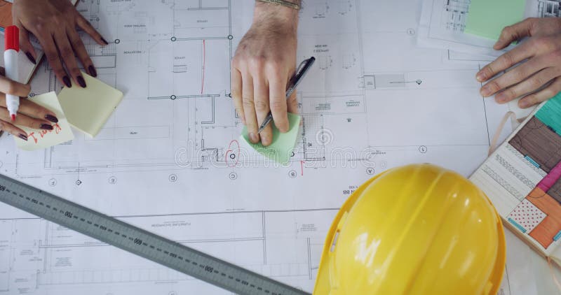 Sticky Note, Architecture or Hands of Team with Blueprint for Project ...