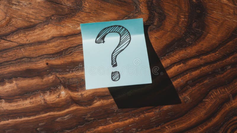 Sticky Note Displaying a Handwritten Question Mark on a Grained Wooden ...