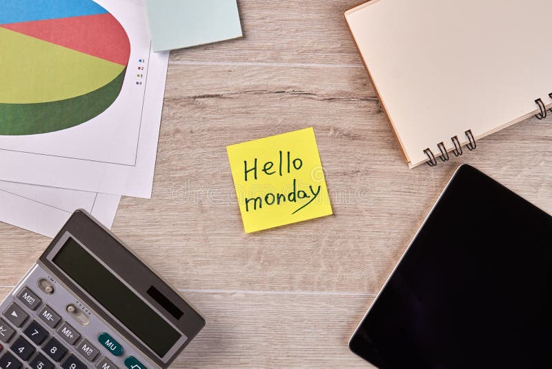 Sticky Note with Hello Monday Message and Stationery Office Stuff ...