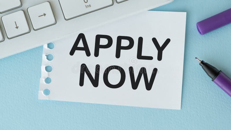 Sticky Note on Keyboard with Text APPLY NOW on Working Table. Stock ...