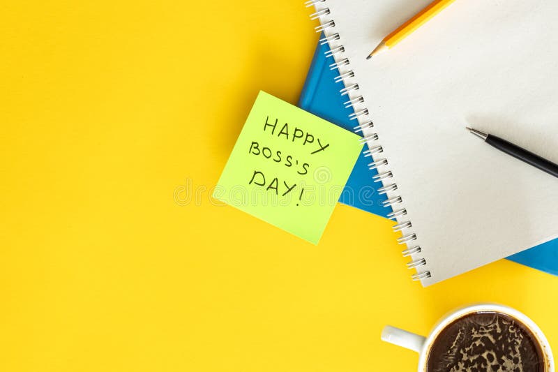 Sticky Note with Phrase Happy Boss Day Attached To Notebook on Yellow ...
