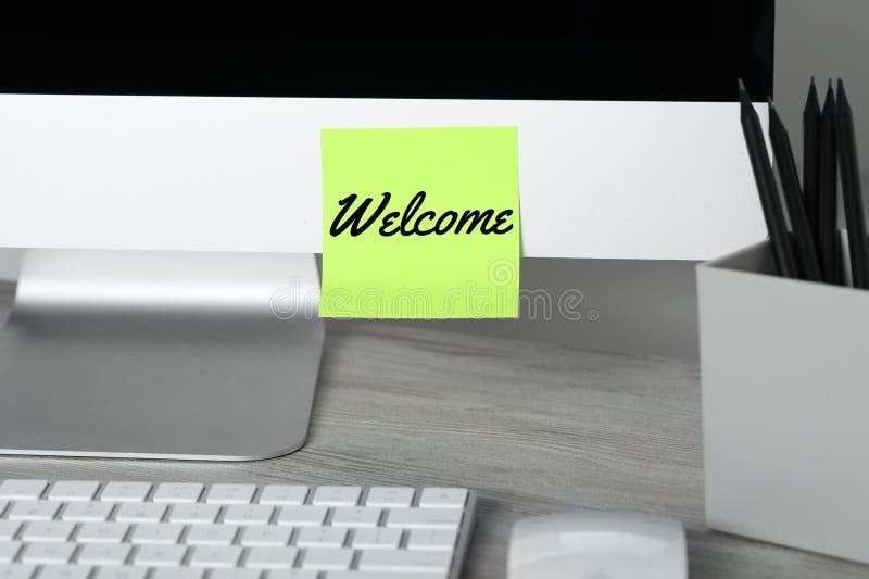 Sticky Note with Word Welcome on Wooden Table, Top View. Space for Text ...