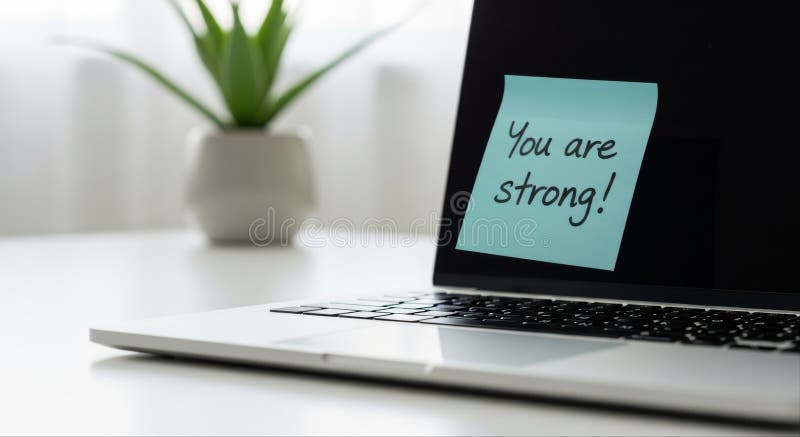 Sticky Note with You are Strong Message on Laptop Screen in a Bright ...