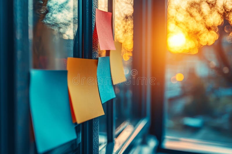 Sticky Notes in Blue, Orange and Red Attached To Window Glass Stock ...