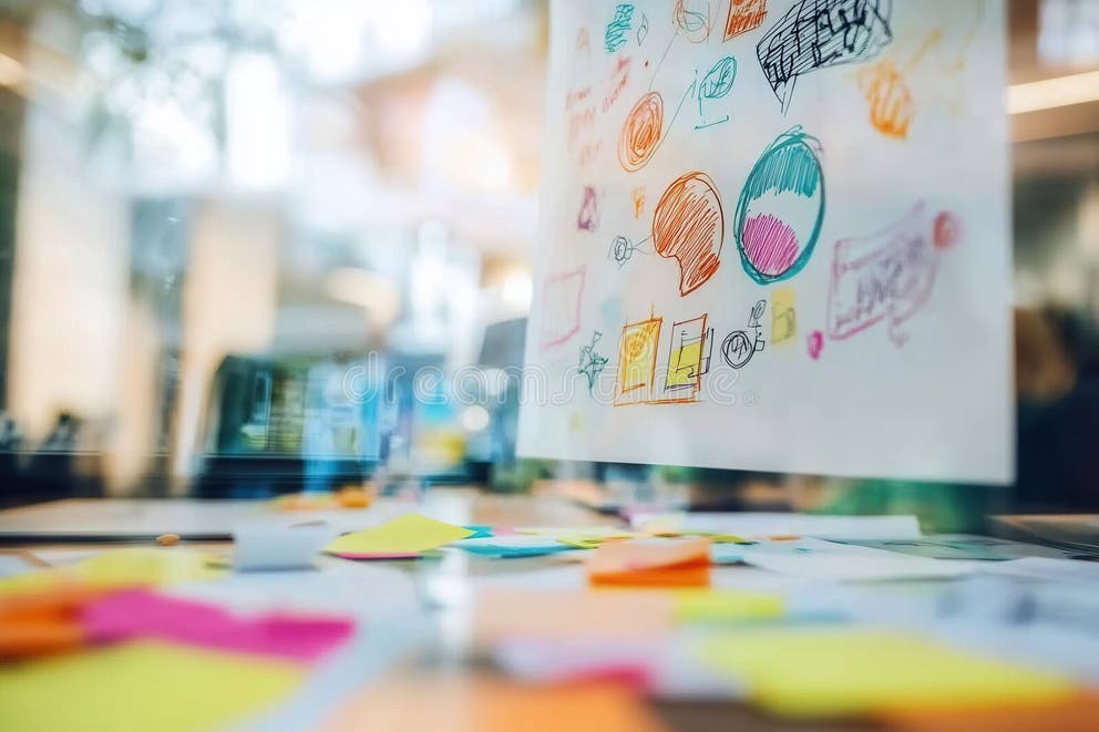 Creative Brainstorming Workspace with Scattered Sticky Notes and Hand ...