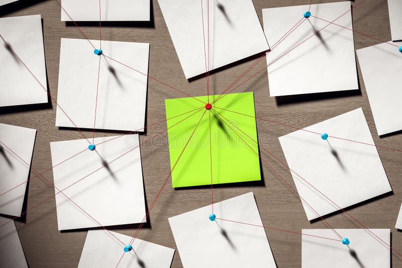 Sticky Notes Connected with Red Strings on Wooden Wall Background in ...