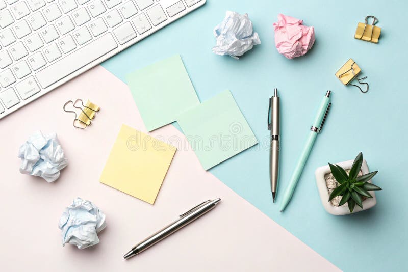 Sticky Notes with Crumbled Paper Balls on Pastel Background Stock ...