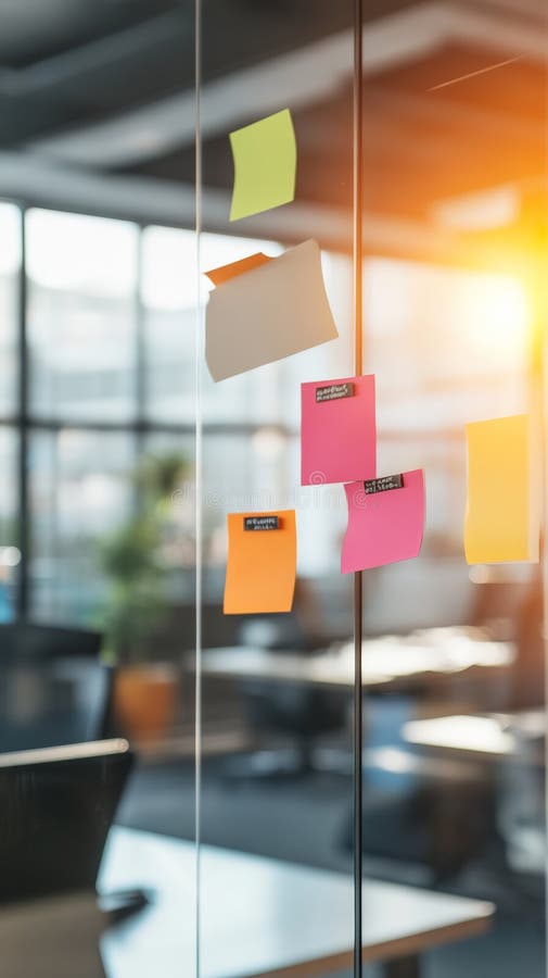 Sticky Notes on a Glass Partition in a Modern Office with Sunlight ...