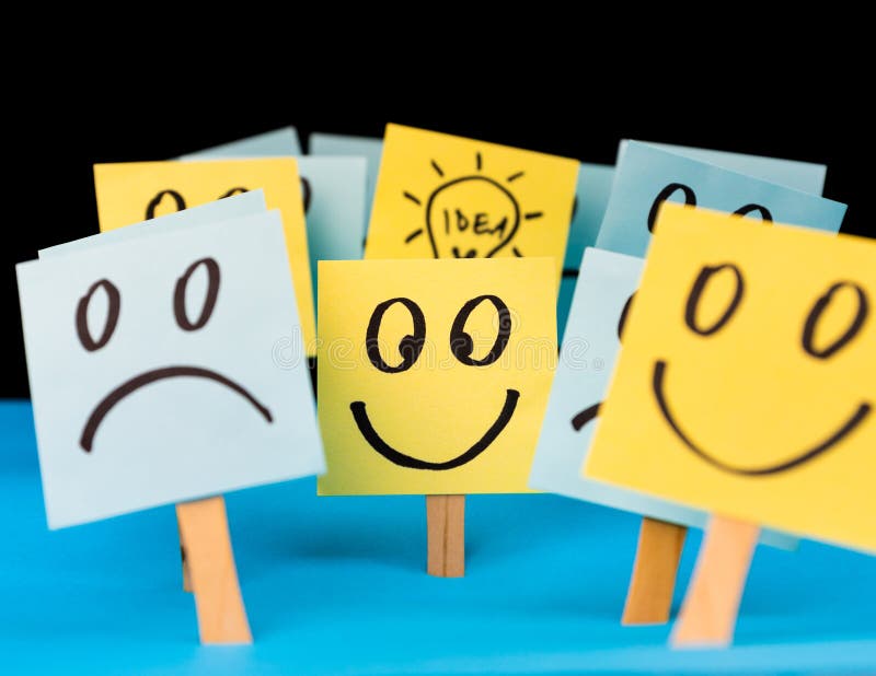 Sticky Notes with Hand Drawn Smiley Faces, Sad Faces and Lightbulb ...