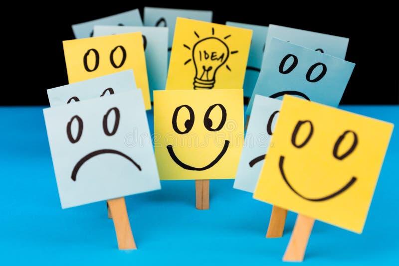 Sticky Notes with Hand Drawn Smiley Faces, Sad Faces and Lightbulb ...