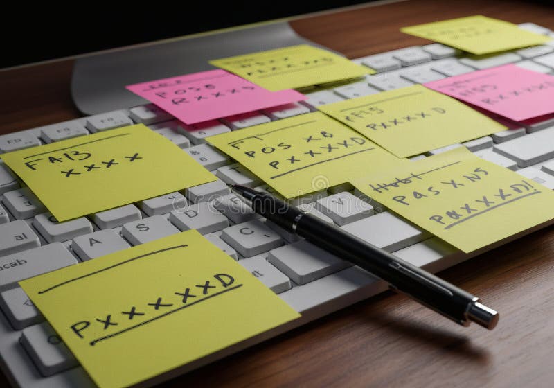 Multiple Sticky Notes with Handwritten Passwords Scattered Across a ...