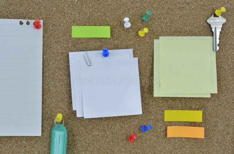 Sticky Notes, Pin, Key and Tag Name on Cork Board Stock Photo - Image ...