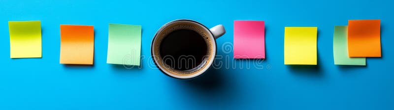 Sticky Notes Placed on a Blue Background Next To a Coffee Cup Stock ...