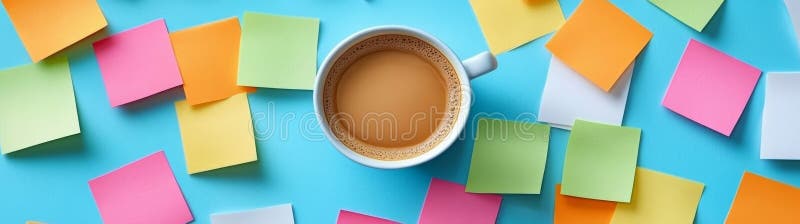 Sticky Notes Positioned on a Blue Surface Alongside a Coffee Cup Stock ...