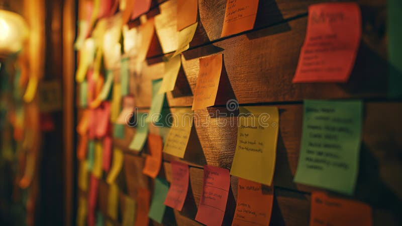 Sticky Notes Posted on a Rustic Wooden Wall. a Variety of Colorful ...