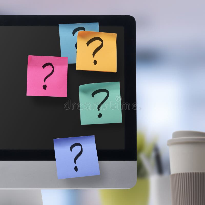 Sticky Notes with Question Marks on Computer Screen Stock Image - Image ...