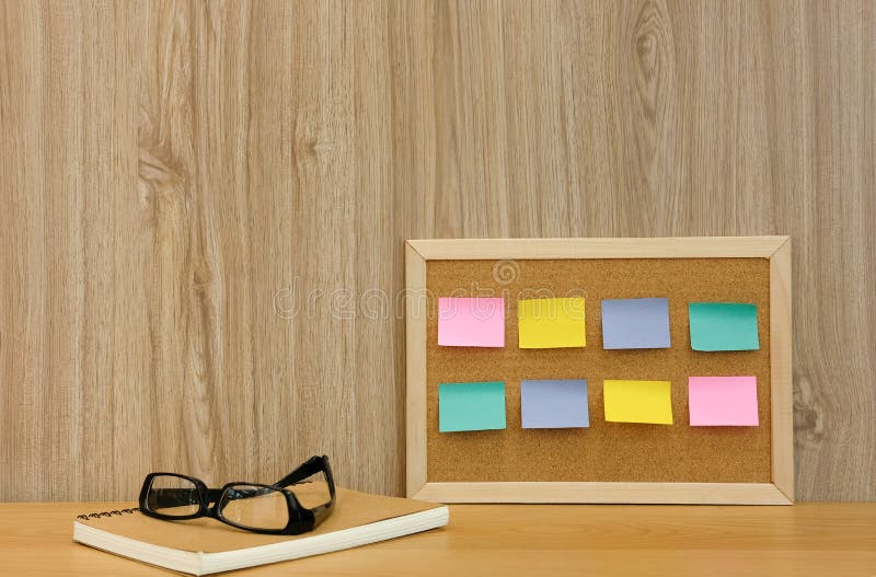 Sticky Notes Reminder on Cork Board & Notebook. Education Workspace ...