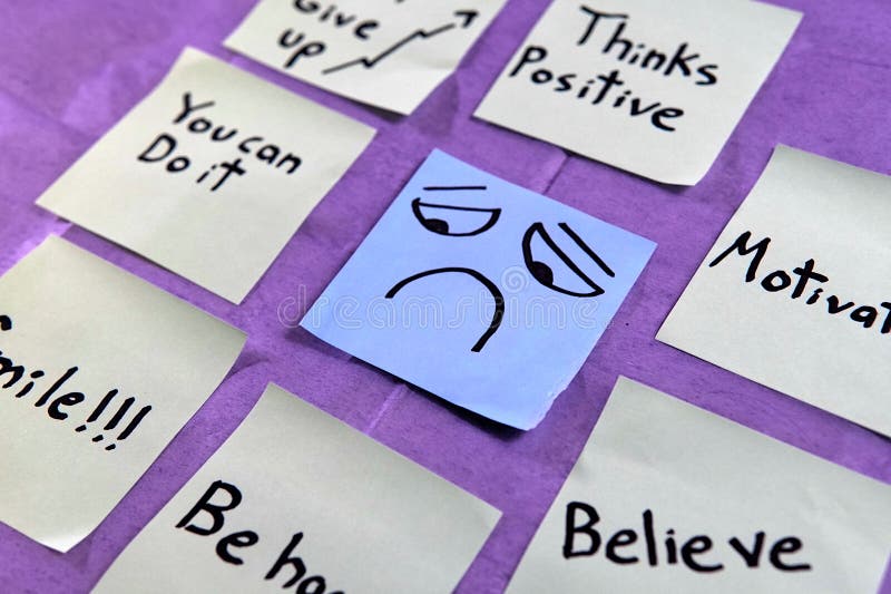 Sticky Notes with Sad Face Surrounded by Positive Messages Stock Image ...