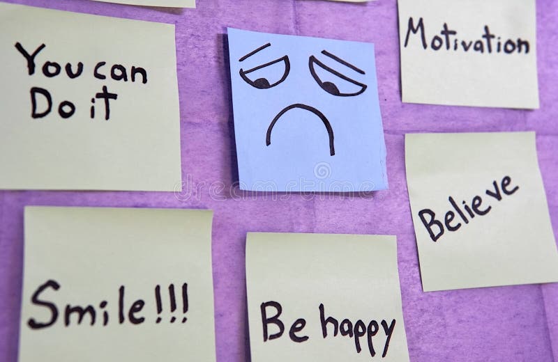 Sticky Notes with Sad Face Surrounded by Positive Messages Stock Image ...