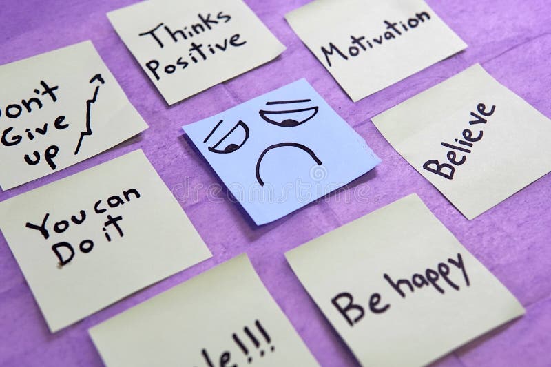 Sticky Notes with Sad Face Surrounded by Positive Messages Stock Photo ...