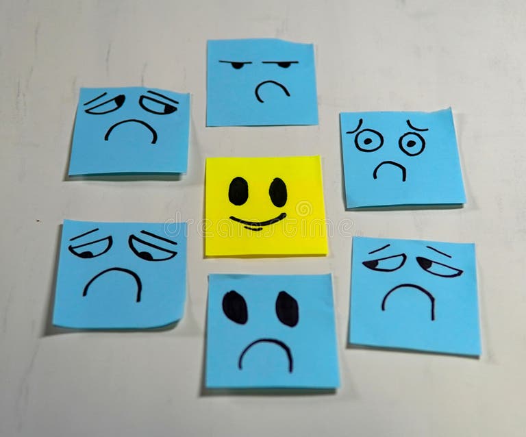 Sticky Notes with Sad Faces Surround a Single Yellow Note with a Smiley ...