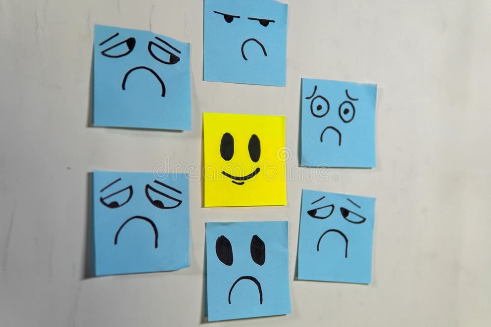 Sticky Notes with Sad Faces Surround a Single Yellow Note with a Smiley ...