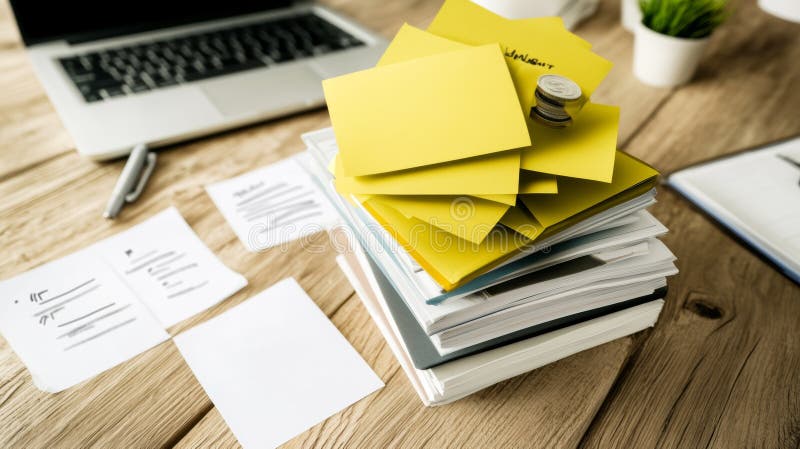 Sticky Notes and Stack of Documents on Wooden Desk with Laptop, Pen and ...