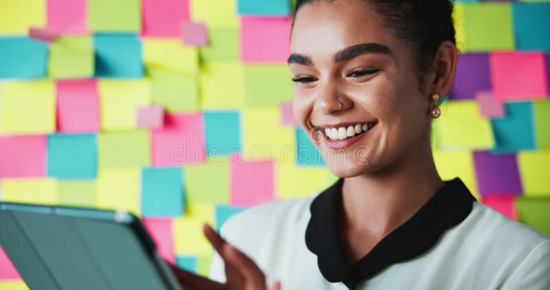 Sticky Notes, Tablet and Thinking with Business Woman in Studio for ...