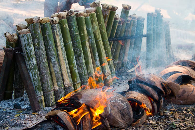 Sticky rice in bamboo. stock image. Image of taste, food - 100064625