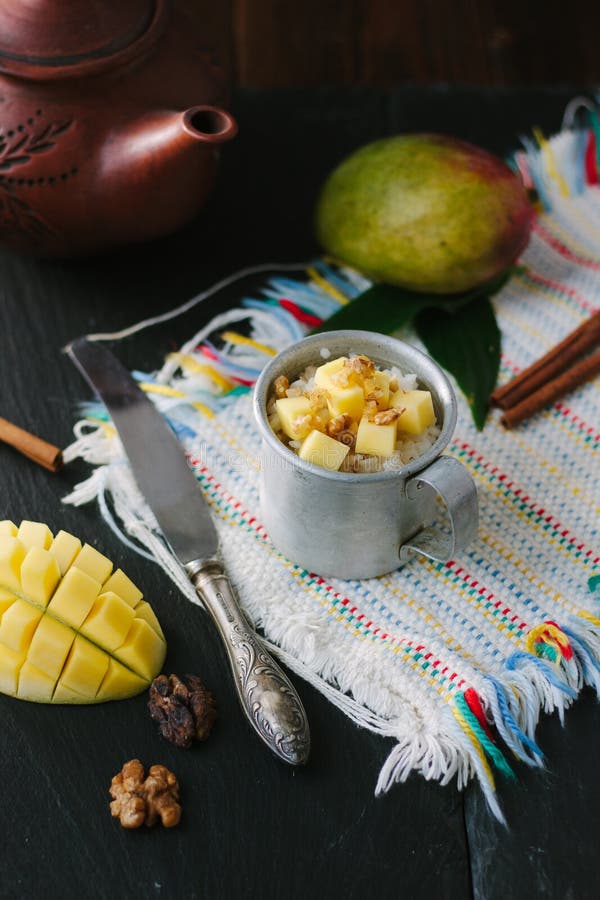 Sticky Rice with Mango Fruit and Nuts Stock Image - Image of black ...