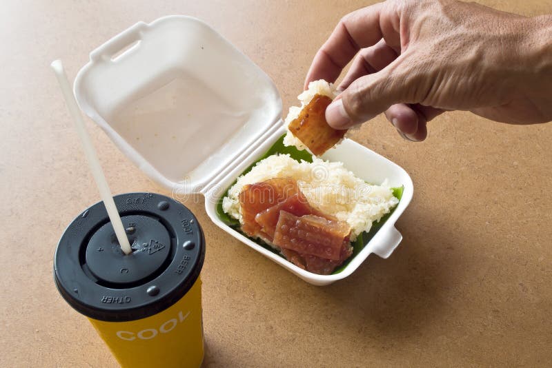 Sticky Rice and Roast Pork in Foam Box Stock Image - Image of hand ...