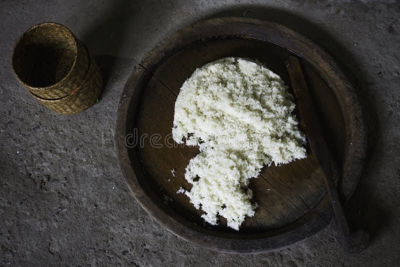 Sticky Rice on Wooden Tray Concreate Background Stock Photo - Image of ...