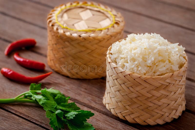 Sticky Rice in Woven Bamboo Container Stock Image - Image of wicker ...