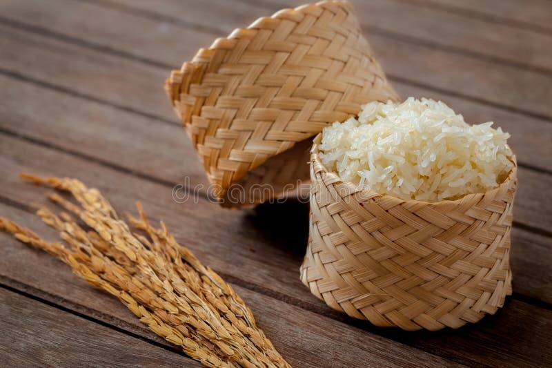 Sticky Rice in Woven Bamboo Container Stock Photo - Image of wicker ...