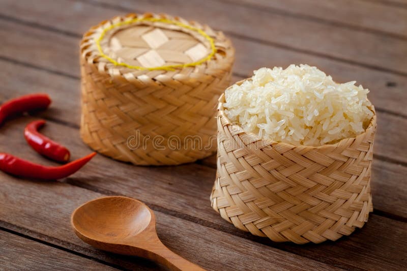 Sticky Rice in Woven Bamboo Container Stock Photo - Image of sticky ...