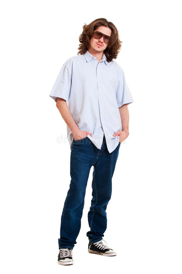 Den Stiliga Mannen Med Det Långa Skägget I Skjorta Lyftte En övre ...